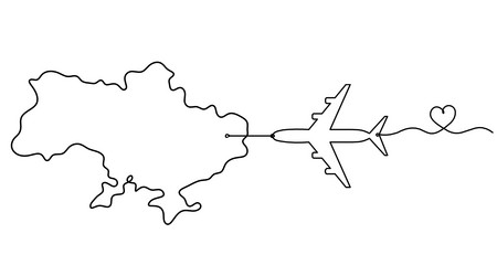 Map of ukraine with plane as line drawing Vector Image