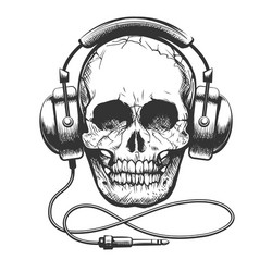 Human skull in headphones sketch engraving Vector Image