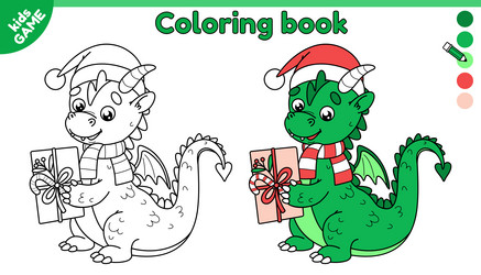 Kids coloring page with dragon in red hat of santa
