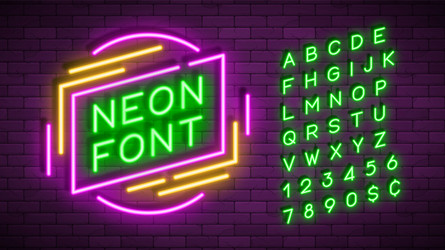 Neon alphabet retro letters on brick wall Vector Image