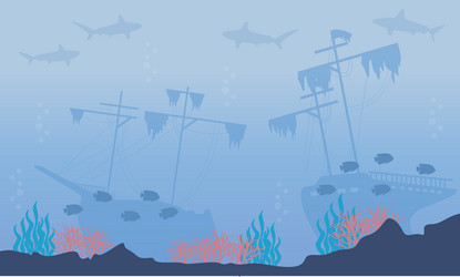 Landscape of underwater with stingray and ship Vector Image