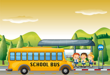 Children get on school bus on the stop sign Vector Image