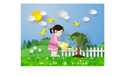 Earth day child pouring water on the trees Vector Image