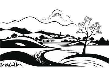 Landscape with trees and hills black and white Vector Image