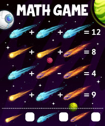 Kids math game worksheet with cartoon space planet