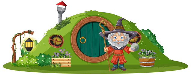 Wizard standing in front of hobbit house Vector Image