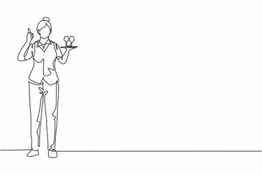 Continuous one line drawing young female waitress Vector Image