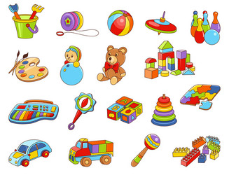 Kids toys cartoon icons collection Royalty Free Vector Image