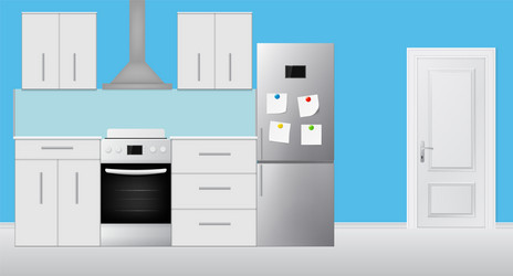 Kitchen room interior with tables fridge stove Vector Image