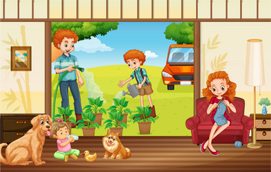 Happy family at yard Royalty Free Vector Image