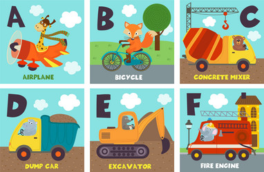 Alphabet card with transport and animals s to z Vector Image