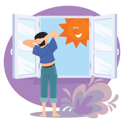 Happy man looks out window at sun for internet Vector Image