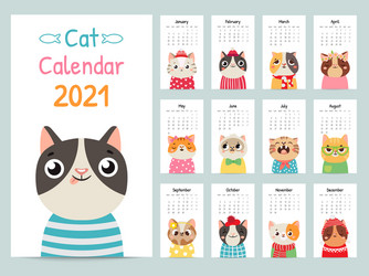 Animals calendar 2021 cute monthly calendar Vector Image