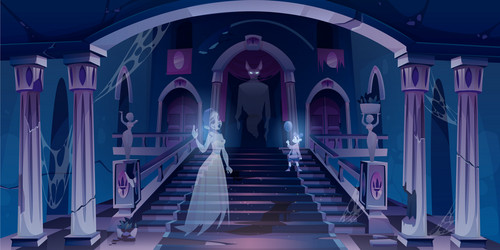 Old castle hall with ghosts dark scary palace room