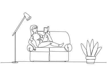 Single one line drawing woman sitting reading Vector Image
