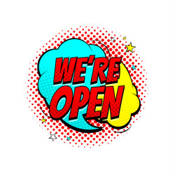 Comic speech bubble we are open Royalty Free Vector Image