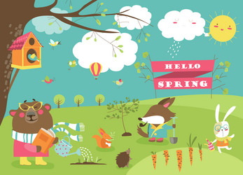 Cute baby farm animals with village landscape Vector Image