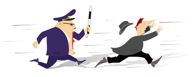 Shouting police officer kneeling man confessing Vector Image