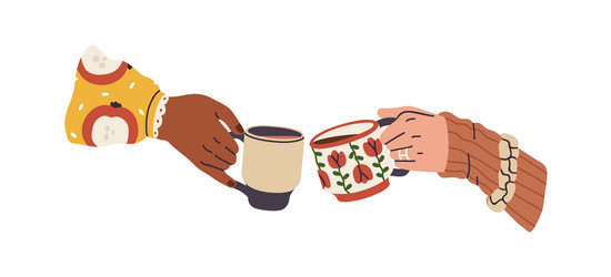 Hands holding tea cups coffee mugs cheers girls Vector Image