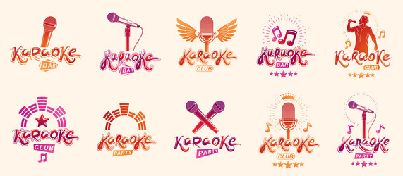 Karaoke logos and emblems set microphones Vector Image
