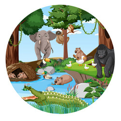Forest in round shape with wild animals Royalty Free Vector
