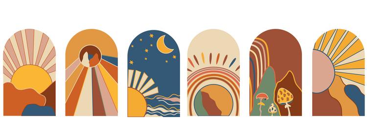 Groovy retro posters sunset background eye Vector Image