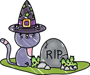 Degraded outline cute cat with hat and rip stone Vector Image