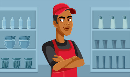 Supermarket employee standing with arms crossed Vector Image