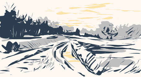 Rural landscape graphic monochrome ink drawing Vector Image