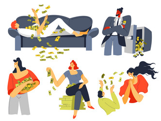 Rich man laying on sofa throwing money up Vector Image