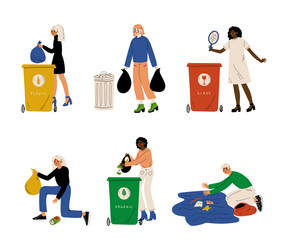 People throwing plastic wastes into trash bin Vector Image