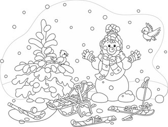 Funny snowman decorating a christmas tree Vector Image