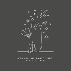 Woman posing with surfboard and paddle stand up Vector Image
