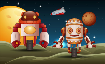 Robot cartoon in the moon with tiny Royalty Free Vector