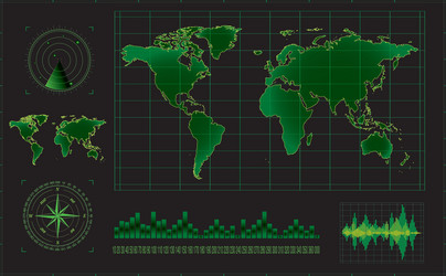Radar screen with world map Royalty Free Vector Image
