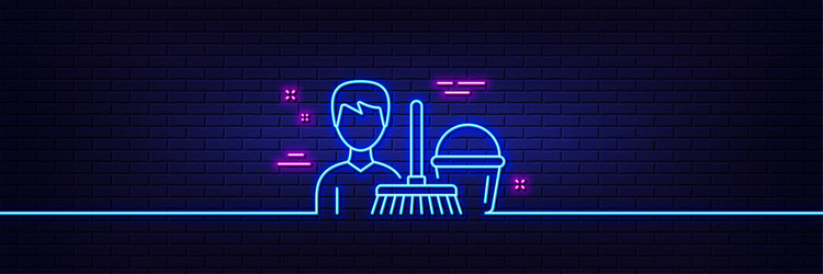 Cleaning service line icon bucket with mop neon Vector Image
