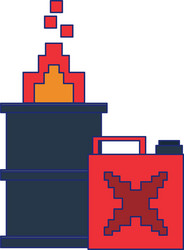 Videogame pixelated barrel in fire with fuel can Vector Image