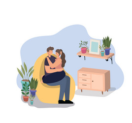 Romantic couple hugging making a spoon on purple Vector Image