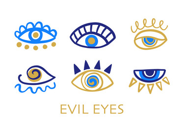 Blue evil eyes set hand drawn elements Royalty Free Vector