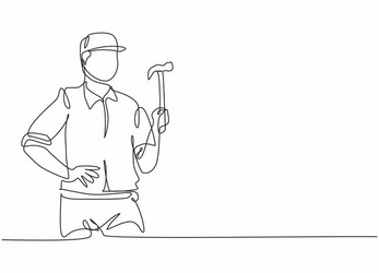 Single one line drawing of young handyman holding Vector Image