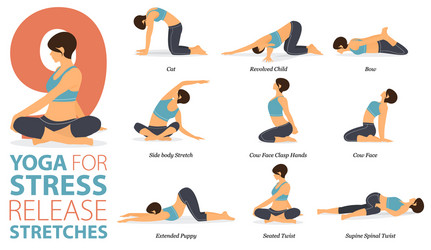 6 yoga poses for stress relief concept Royalty Free Vector