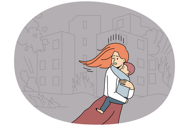 Terrified woman with kid running from bombs Vector Image