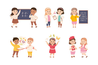 Little boy and girl learning lesson and school Vector Image