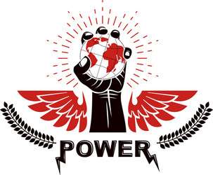 Raised arm holds earth globe logo power Royalty Free Vector