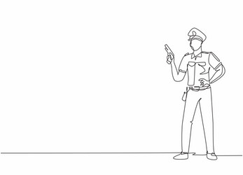 Single one line drawing young policeman pose Vector Image