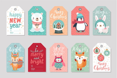 Christmas gift tags set with cute characters Vector Image