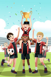Cartoon soccer kids team at a stadium Royalty Free Vector