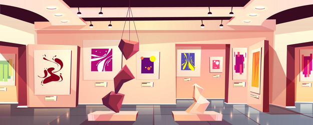 Cartoon museum exhibition with pictures visitors Vector Image