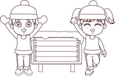 Boy and girl with winter clothes wooden sign Vector Image