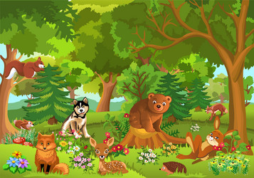 Many cute animals in bamboo forest Royalty Free Vector Image